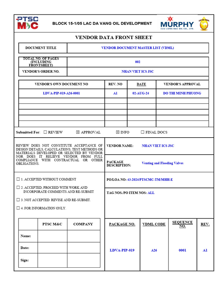 Vendor Document Master List for Oil Development | PDF