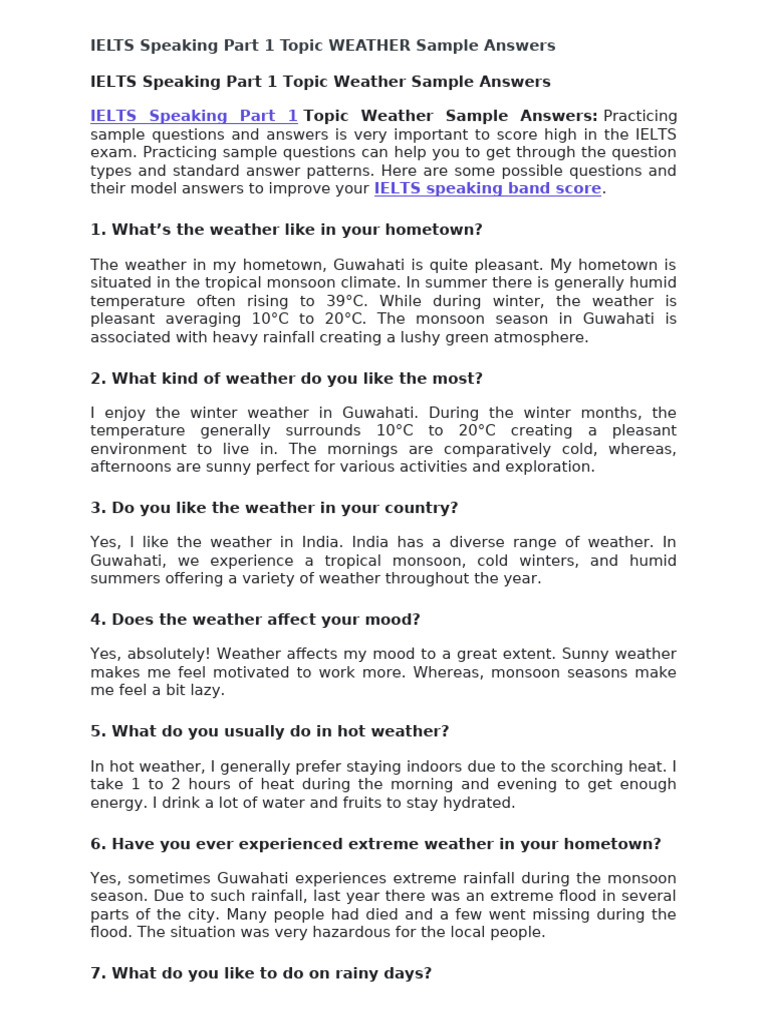 IELTS Speaking Part 1 Topic WEATHER Sample Answers | PDF | Weather ... IELTS Speaking Part 1 Topic WEATHER Sample Answers | PDF | Weather ...