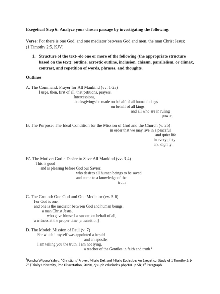 Exegetical Step 6 1 Tim. 2:5 | PDF | Paul The Apostle | Jesus
