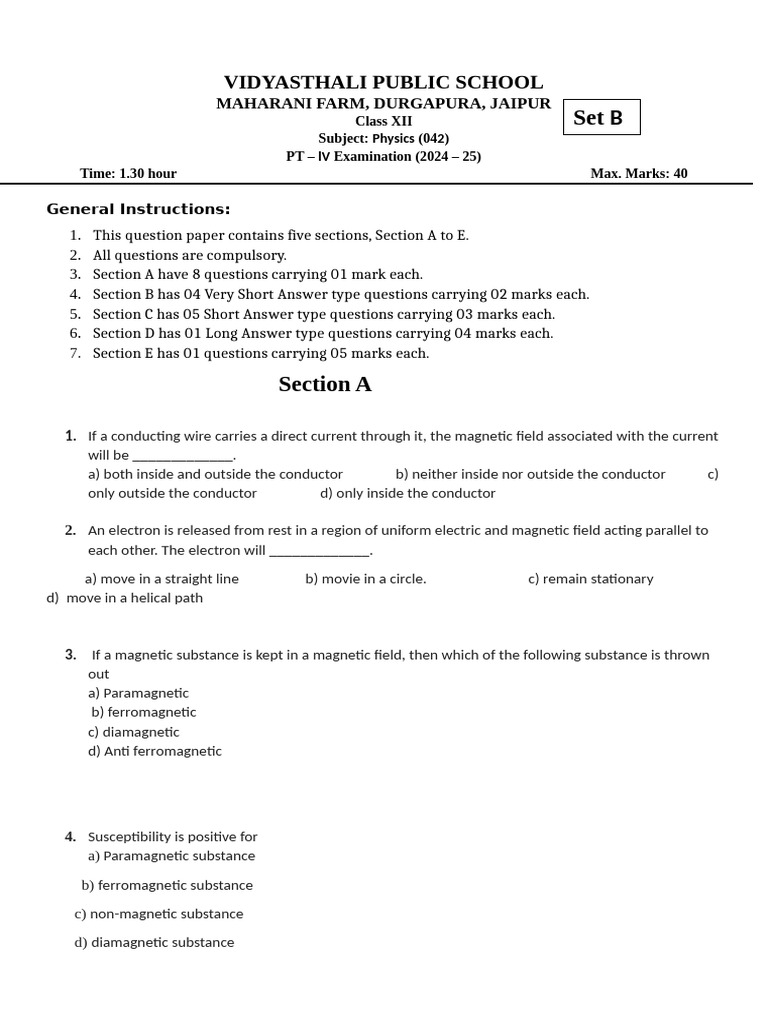 PT-4B 12 Phy-1 | PDF | Magnetic Field | Electromagnetic Field