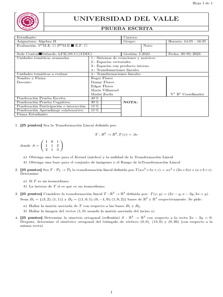 Examenes Pasados Finales Algebra 2 2024 II | PDF | Mapa lineal | Matriz (Matemáticas)