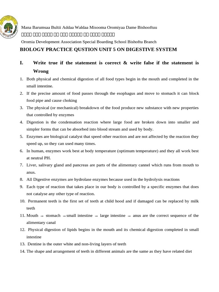 Bio Practice Question Unit 5 Digestive System | PDF | Digestion | Human Tooth