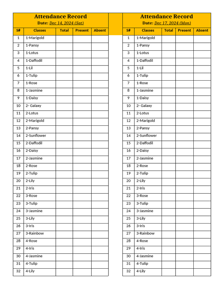 Saturday Attendance Record | PDF