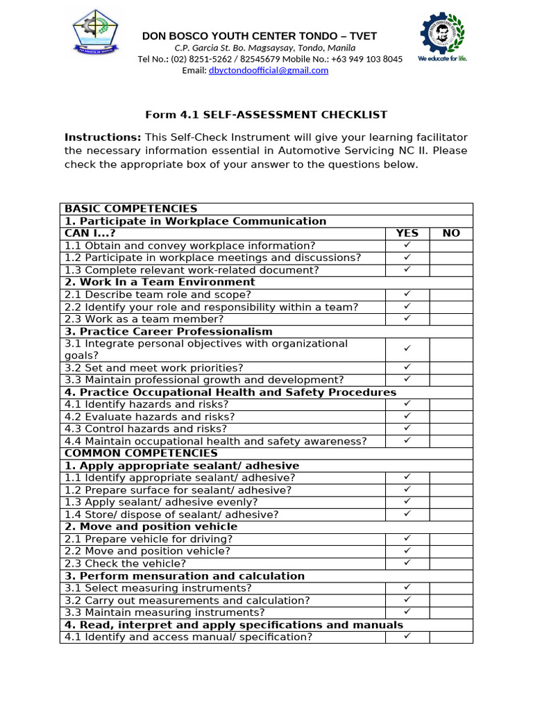 02-Self-Assessment Checklist (FINAL) | PDF | Axle | Ignition System