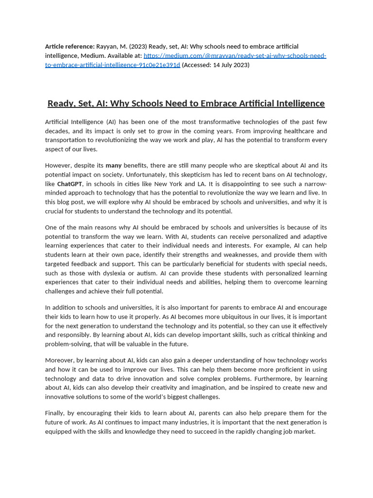 Academic Paragraph Source 2 - Rayyan, M. (2023) Ready, Set, AI - Why ...
