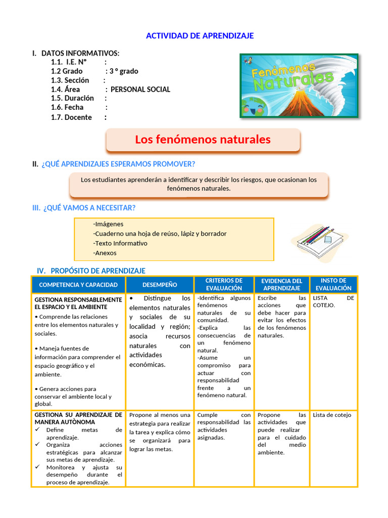 D1 A2 SESION PS. Los Fenómenos Naturales | PDF | Evaluación | Herida