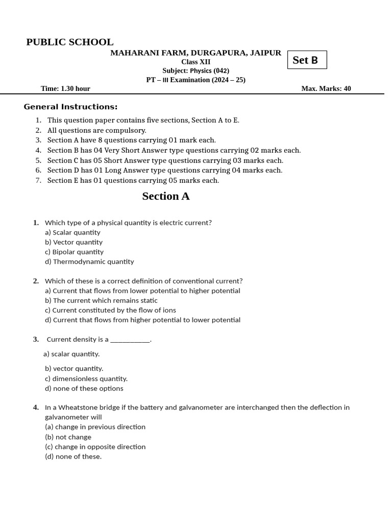 Pt 3 Physics Set A Pdf Electric Current Magnetic Field