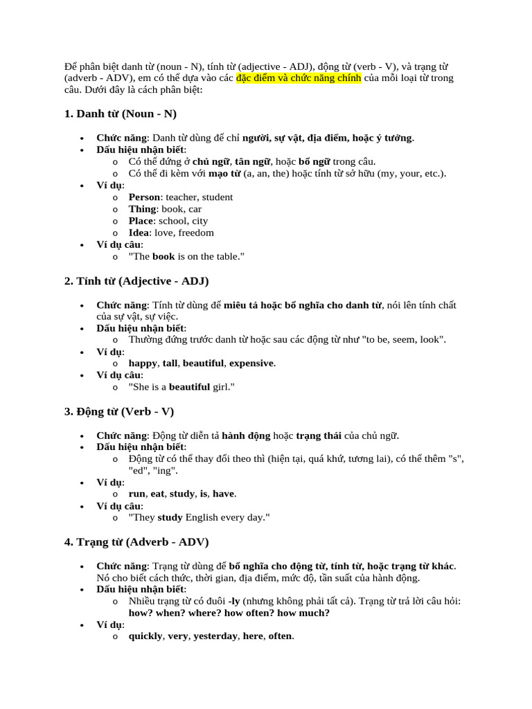 Phân biệt N, V, ADJ, ADV | PDF