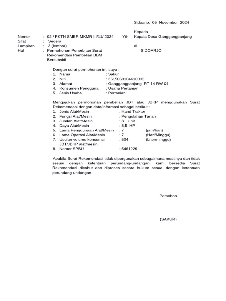 Template Surat Pengajuan Rekomendasi Pembelian BBM Terbaru GGPNJNG | PDF