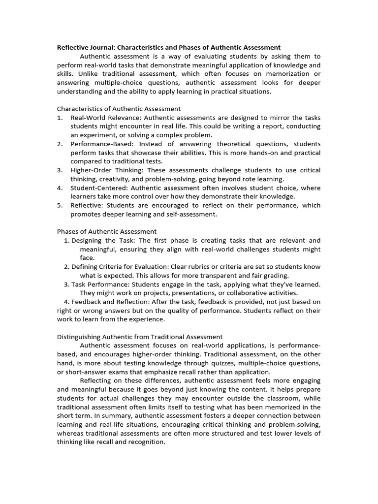 Reflective Journal On Authentic and Traditional Assessment | PDF | Educational Assessment | Learning