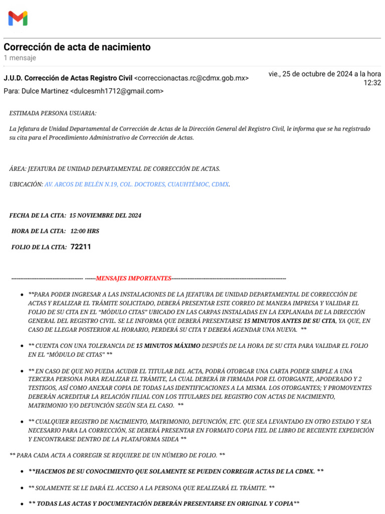 Corrección de acta de nacimiento | PDF | Certificado de nacimiento | Gobierno