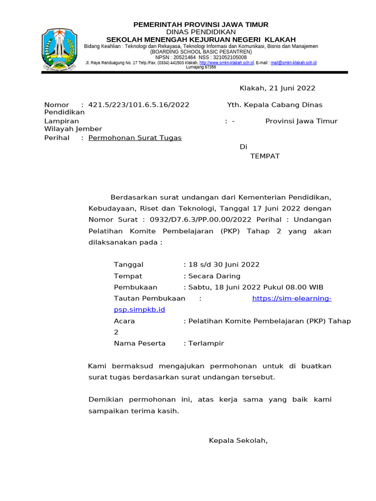 Permohonan Surat Tugas Pelatihan PKP | PDF