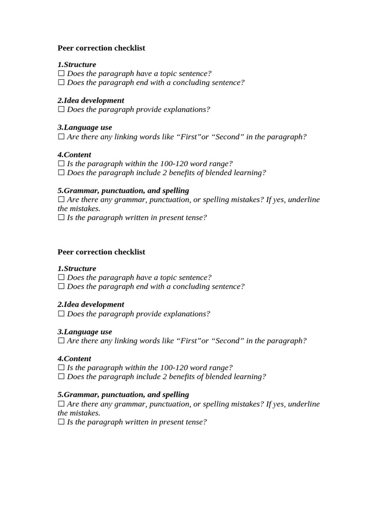 Peer Correction Checklist for Writing | PDF