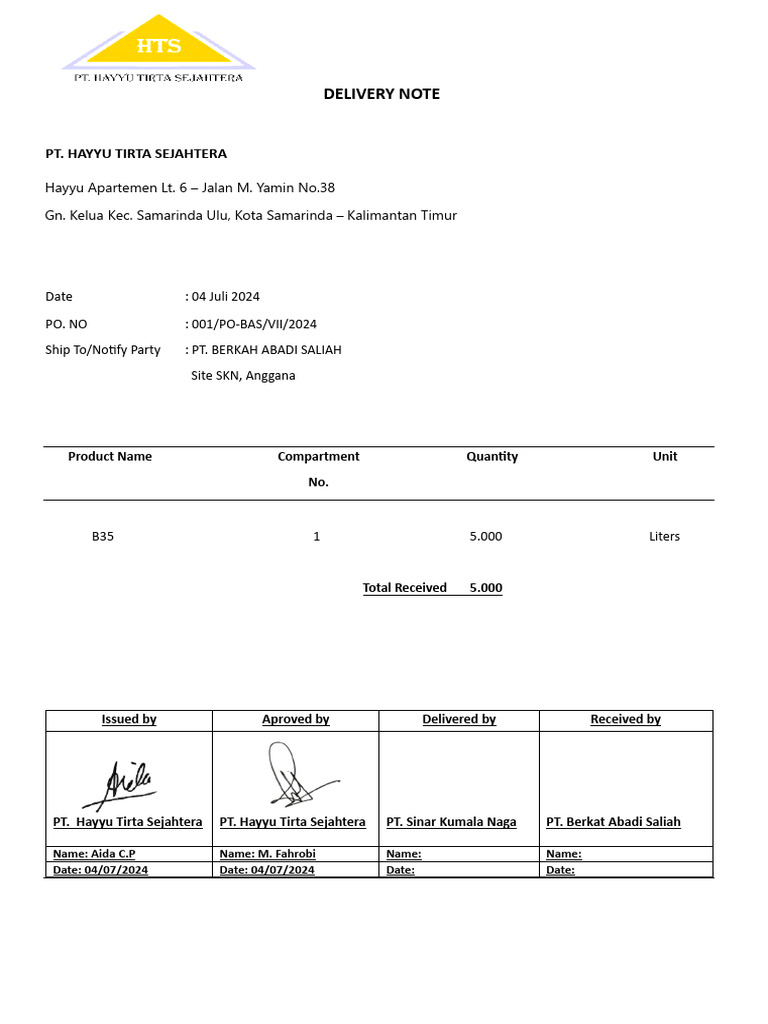 DELIVERY NOTE PT. BERKAT ABADI SALIAH 04 JUL | PDF