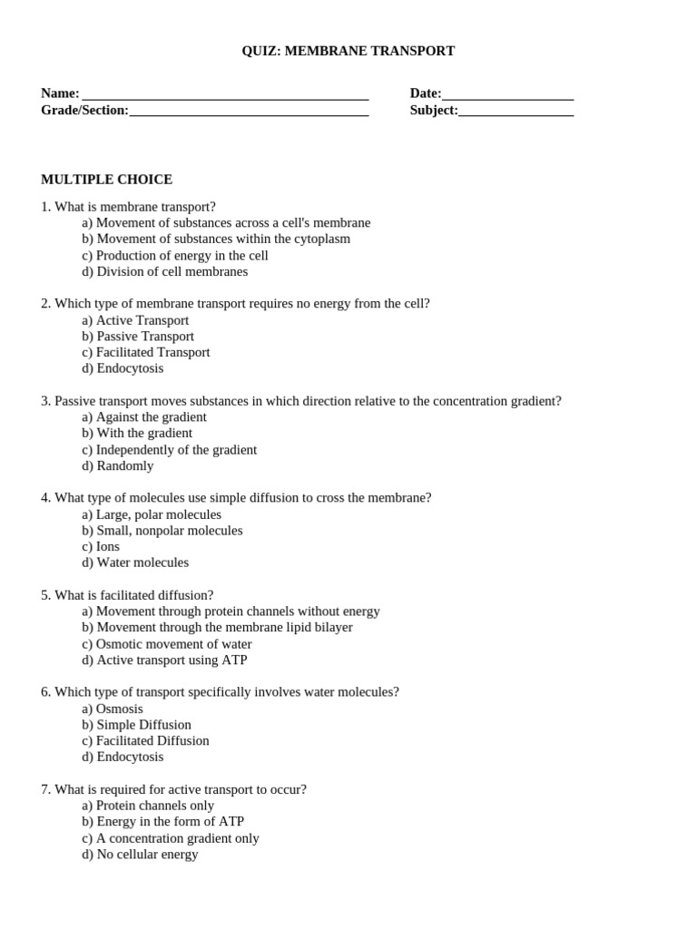 QUIZ_MEMBRANE TRANSPORT | PDF | Cell Membrane | Osmosis