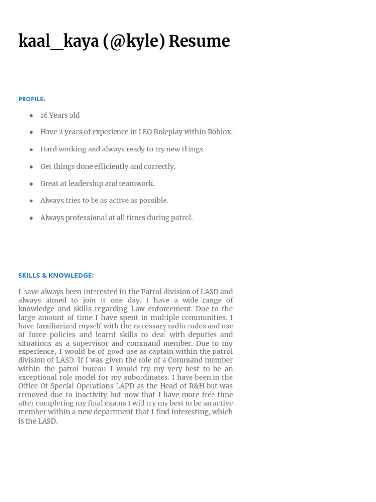 Roblox LEO Roleplay Resume: Skills & Experience | PDF