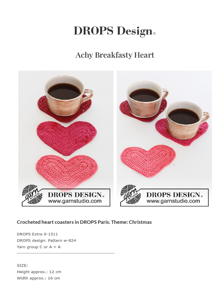 Achy Breakfasty Heart - Crocheted Heart Coasters in DROPS Paris. Theme ...
