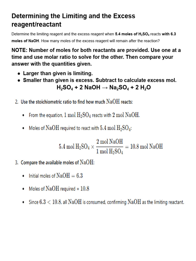 Determining the Limiting and the Excess reagent steps.docx | PDF ...