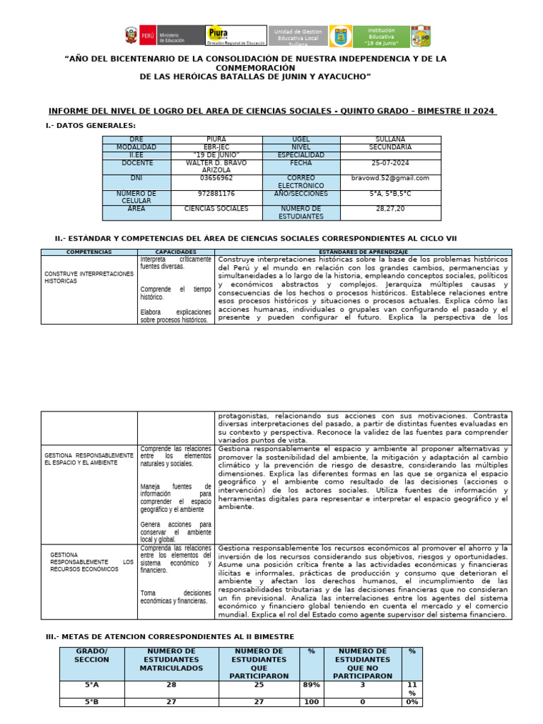 Informe de Logros de Aprendizaje Bimestre II-CCSS 5 | PDF | Evaluación | Salón de clases