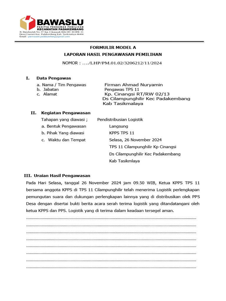 Laporan Pengawasan TPS 11 Tasikmalaya | PDF
