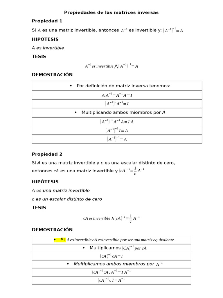 Propiedades de Las Matrices Inversas | PDF | Matriz (Matemáticas ...