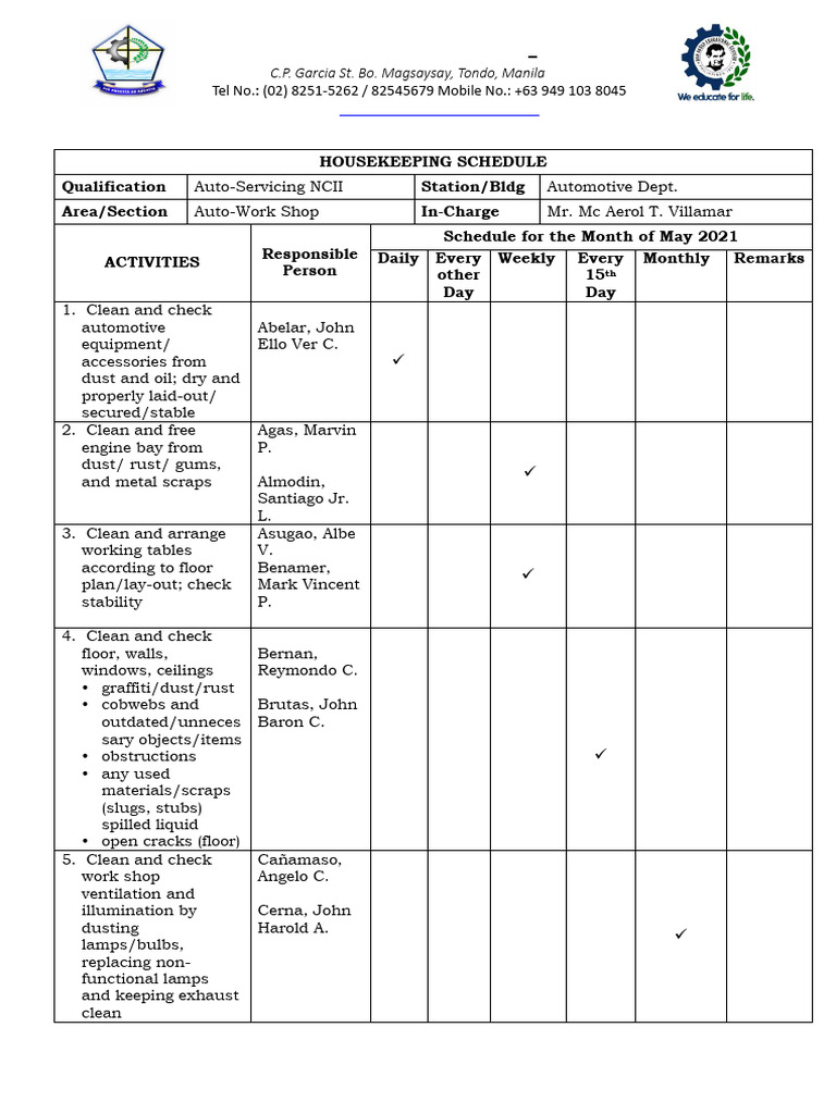 1- HOUSEKEEPING SCHEDULE | PDF