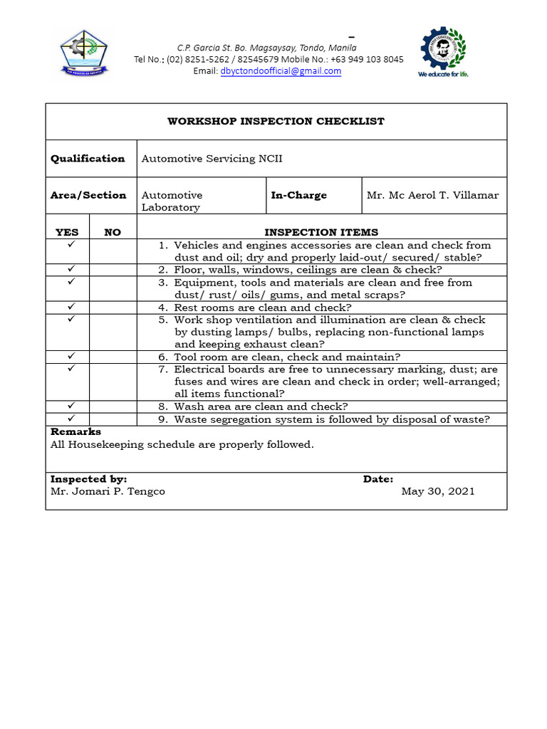 7 - Workshop Inspection Checklist | PDF
