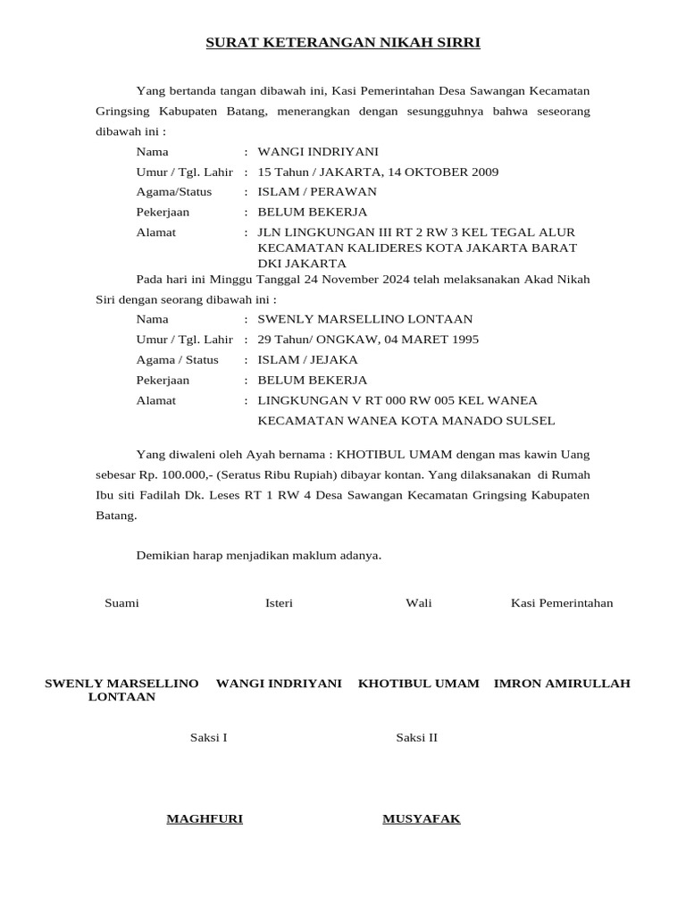 Surat Keterangan Nikah Sirri Wangi Indriyani | PDF