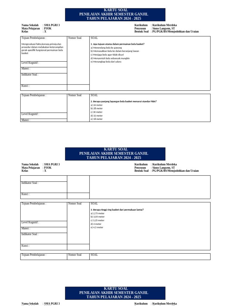 Kartu Soal KURMER PAS Ganjil PJOK XI | PDF
