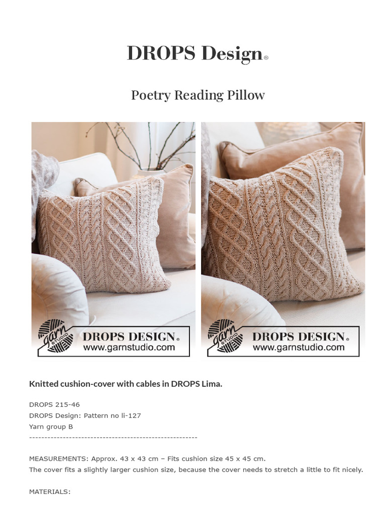 Poetry Reading Pillow - Knitted Cushion-Cover With Cables in DROPS Lima ...