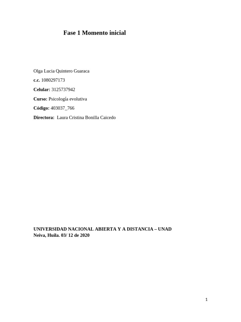 Fase 1 Momento Inicial Olga Quintero | PDF | Sicología | Psicología del ...