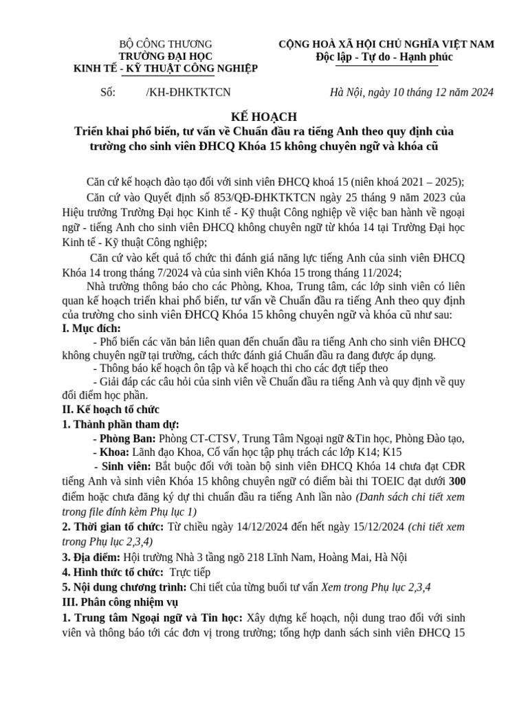 Kế hoạch tổ chức buổi tư vấn về CĐRTA cho sv ĐHCK K15 | PDF