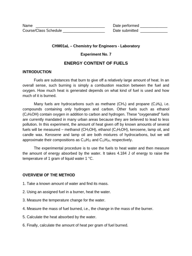 Experiment 7 Energy of Fuels | PDF | Ethanol | Fuels