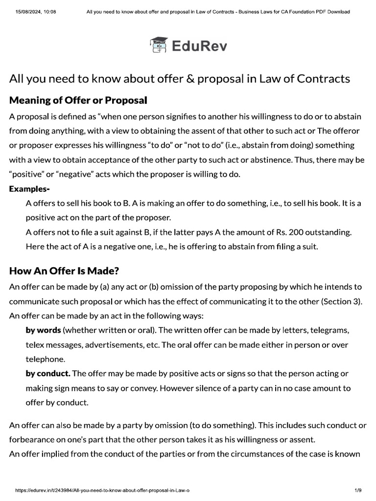 All You Need To Know About Offer & Proposal in Law of Contracts | PDF