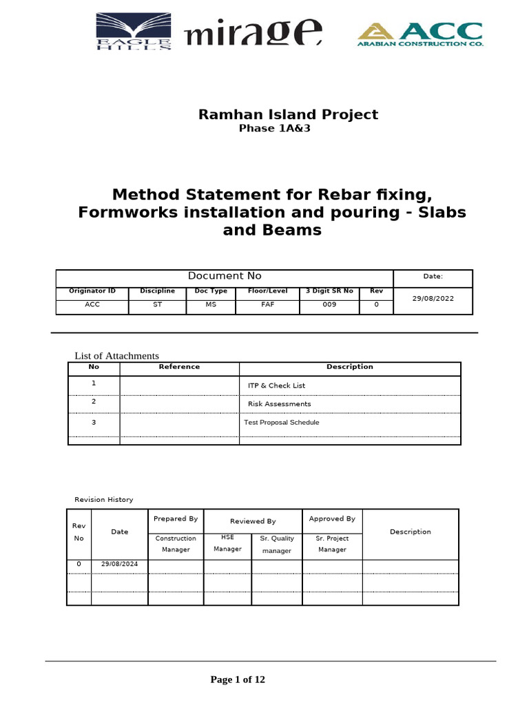 Method Statement For Slab | PDF | Concrete | Structural Engineering