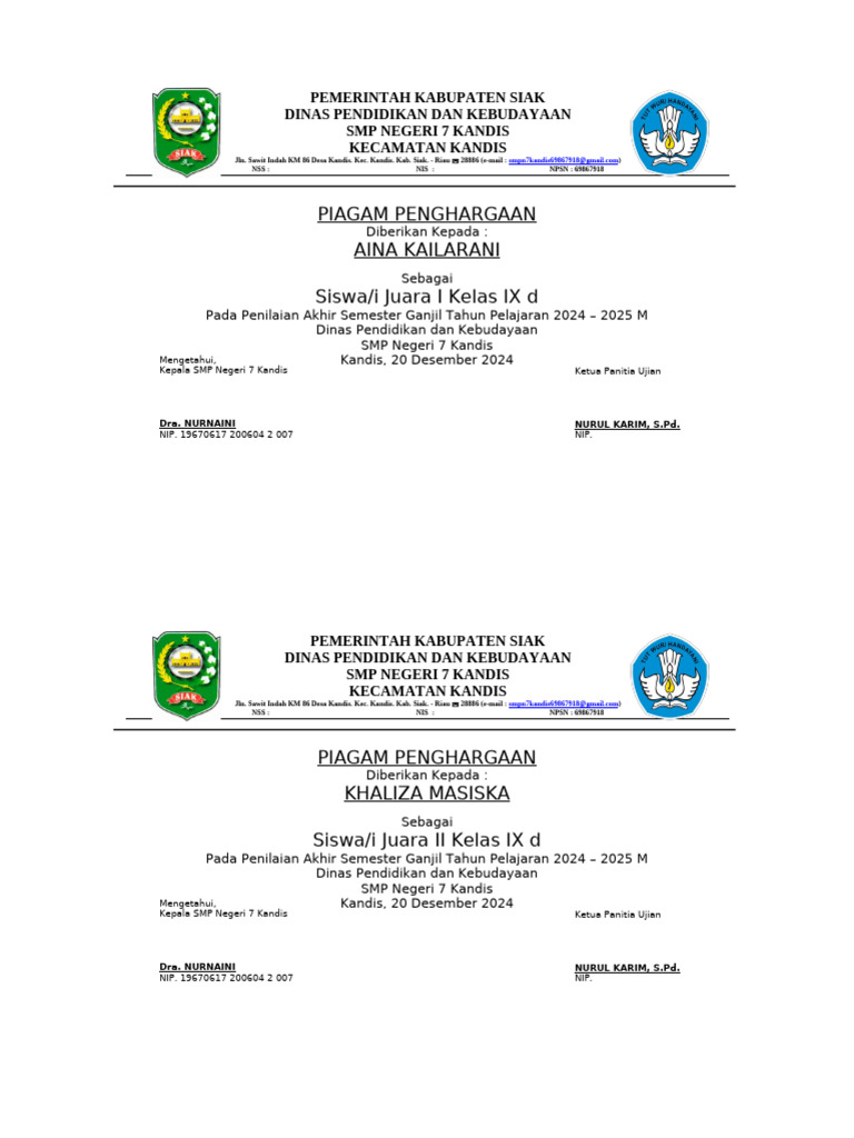 PIAGAM SISWA JUARA KELAS 9d | PDF