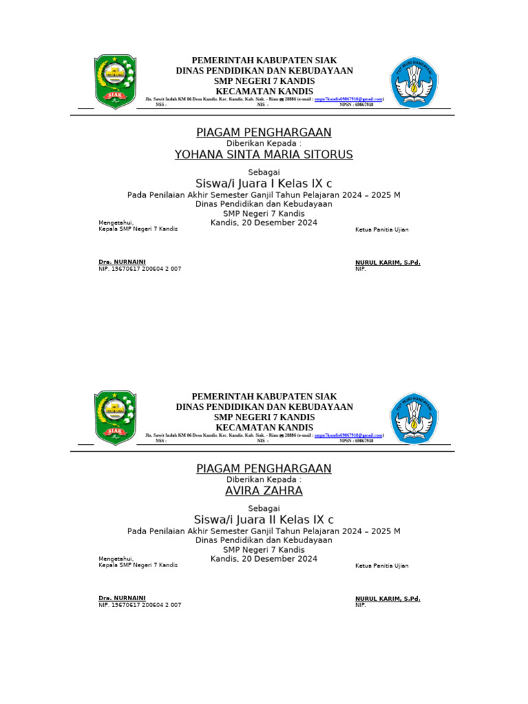 PIAGAM SISWA JUARA KELAS 9c | PDF