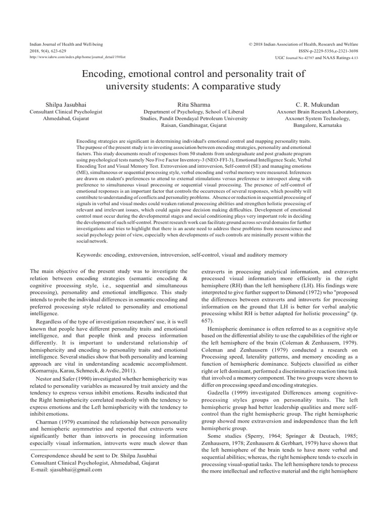 Encoding Emotional Control and Personality Trait | PDF | Extraversion And Introversion ...