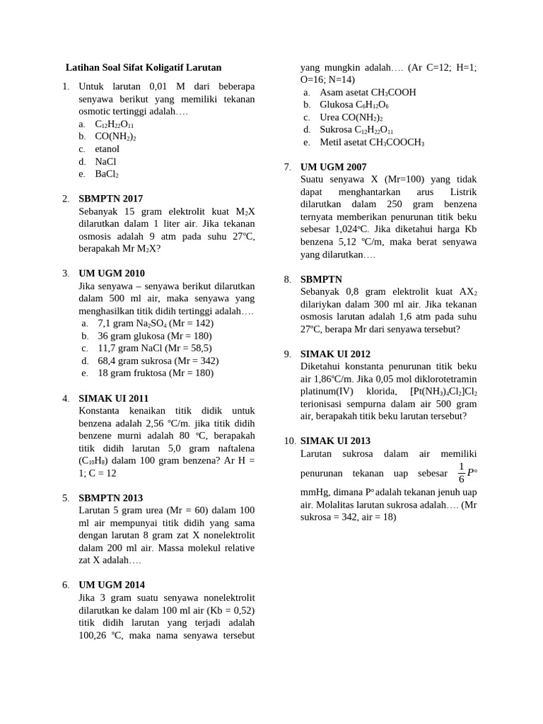 Latihan Soal Sifat Koligatif Larutan Kelas 12 | PDF