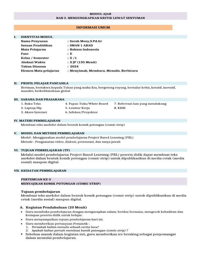 Modul Tema 2 Teks Anekdot (Comic Strip) | PDF
