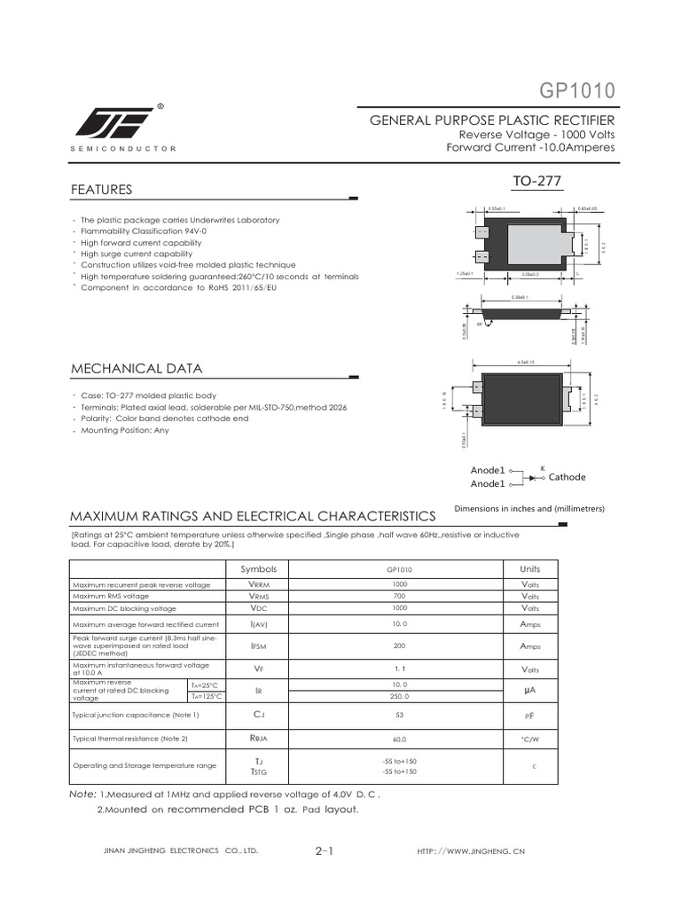 晶恒 GP1010 | PDF | Rectifier | Electronic Engineering