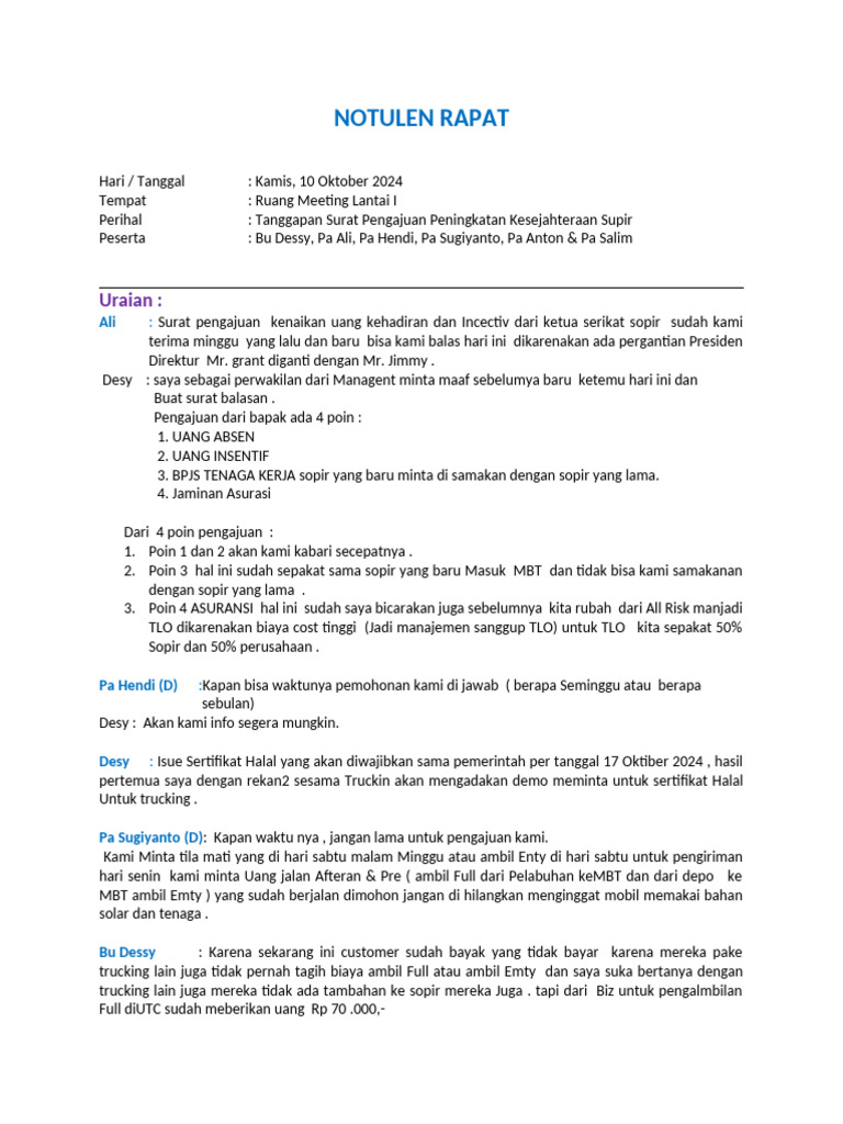 Notule Pengajuan Driver 10 Okt 2024 | PDF