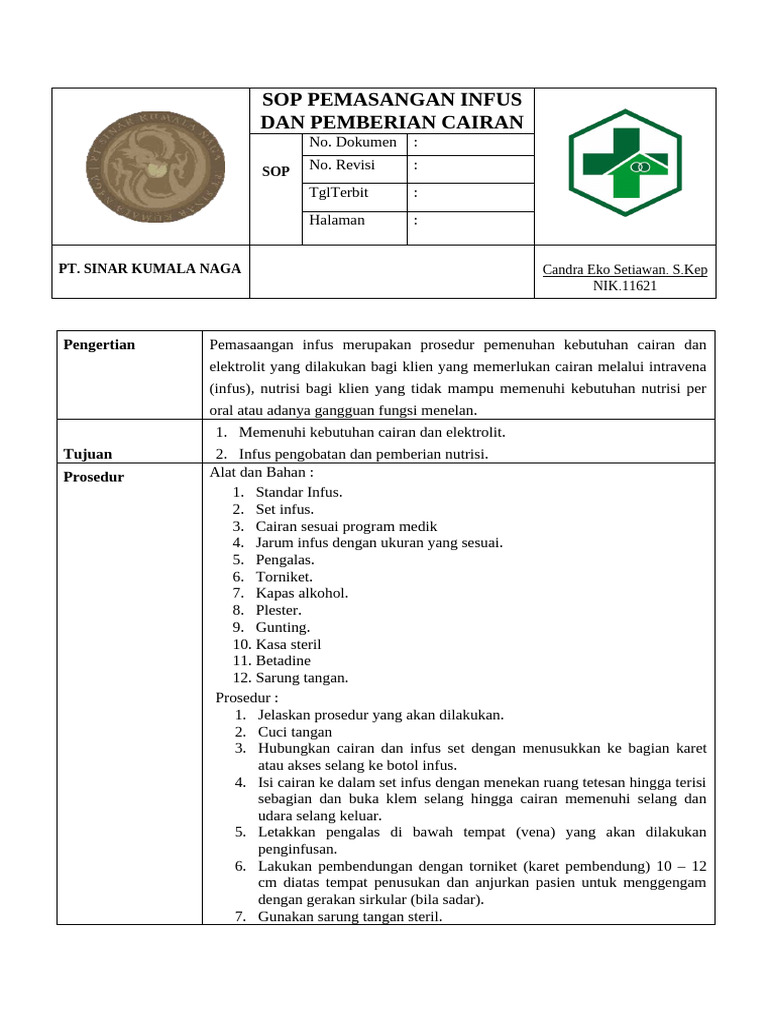 Sop Pemasangan Infus | PDF