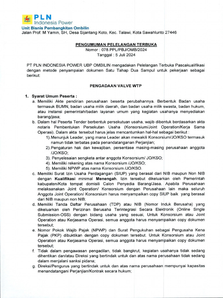 32510_Pengumuman Lelang Pengadaan Valve WTP | PDF