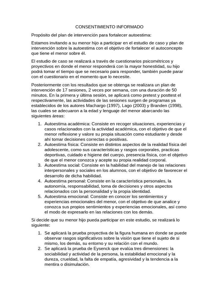 MODELO DE CONSENTIMIENTO INFORMADO PARA PADRES SOBRE ESTUDIO DE CASO | PDF | Autoestima | Caso ...