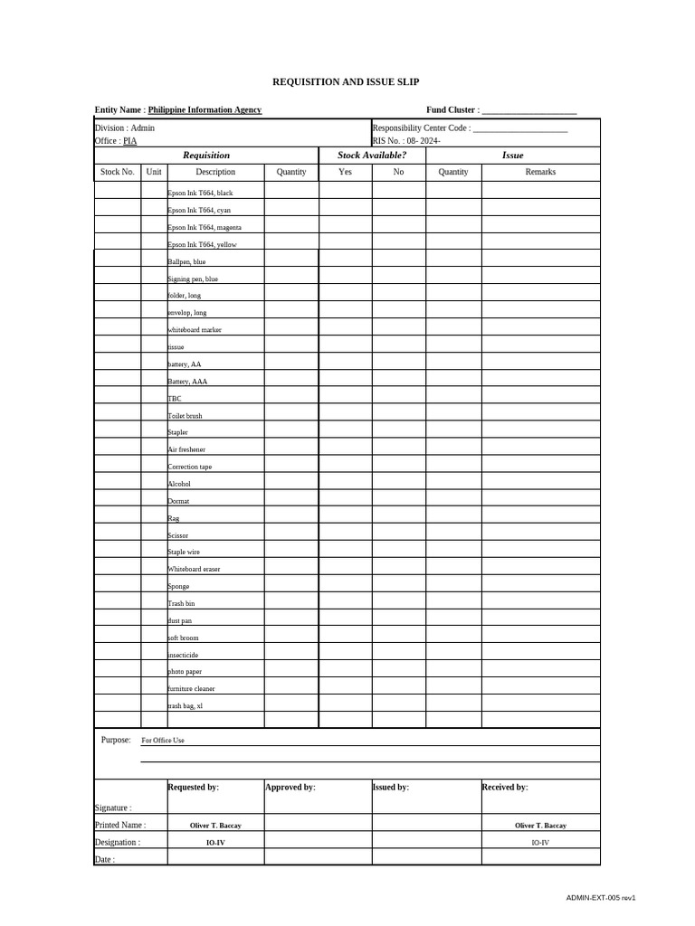 ADMIN-EXT-005 Rev1 (Requisition and Issue Slip) (2) | PDF