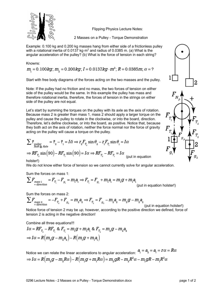 0296 Lecture Notes - 2 Masses on a Pulley - Torque Demonstration | PDF ...