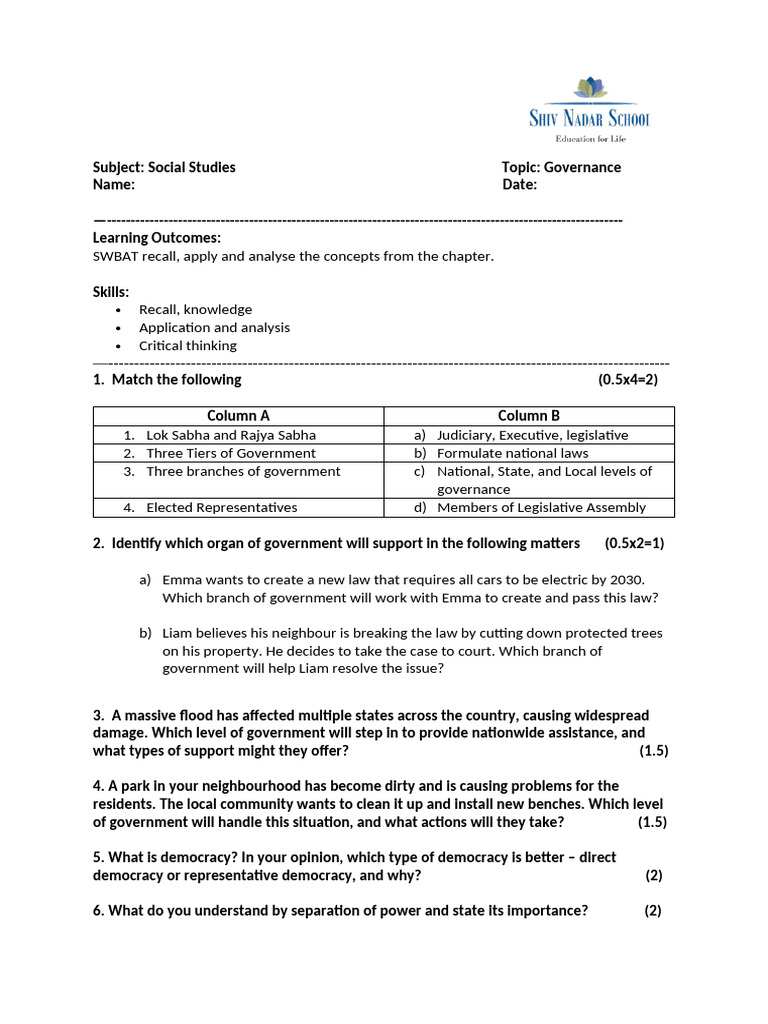 Grade 6- Governance FA | PDF | Separation Of Powers | Government