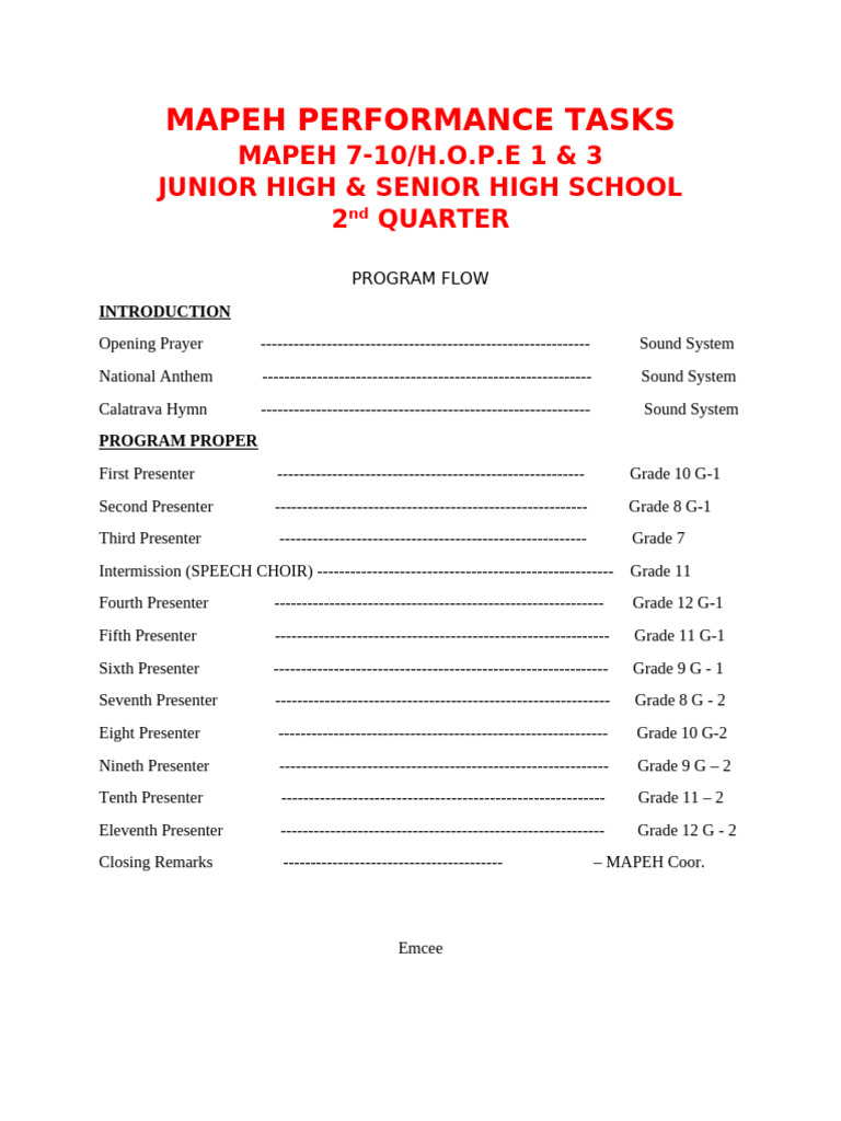 MAPEH Performance Tasks Program Flow | PDF