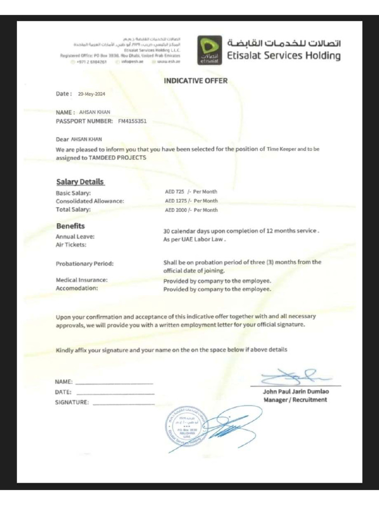 Etisalat Offer Letter | PDF